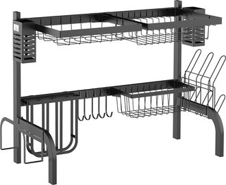 HOMCOM Abtropfgestell Geschirr, 2-stufiges Abtropfständer mit Haken, Tellerregal, Zubehör, 81,5 cm Abtropfgitter Gestell für Küchenspüle, Stahl, Schwarz