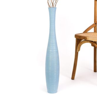 Leewadee Große Deko Bodenvase Für Dekozweige, Hohe Standvase Für Pampasgras, Design Holzvase, 65 cm, Blau