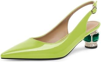 EDEFS Escarpins Slingback Femme Prêts pour Le Tapis Rouge Talon Bas Bloc 5 cm Cuir Verni Bout Pointu avec Strass Cristal pour Mariages Gala & Vie Quotidienn