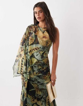 Asos robe longue asym&eacute;trique drap&eacute;e &agrave; manches chauve-souris, une manche, imprim&eacute; libellule vert-Multi