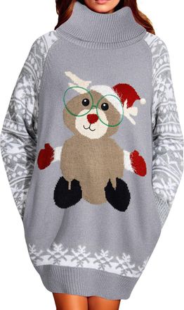 Pink Queen Damen &Uuml;bergro&szlig;es Langes Pulloverkleid Rollkragen Taschen Minikleid Weihnachtskleider Strick Pullover Grau XL