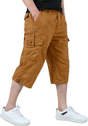 KEFITEVD Homme Eté Cargo Shorts 3/4 Multi-Poches Pantalon de Sport Extérieur Shorts Décontracté,Jaune Naturel,38