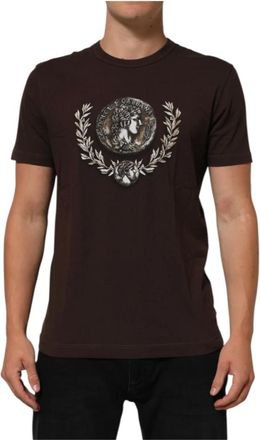 Dolce & Gabbana Homme, Tops, Brun, Taille: XS Pièce Laurier Imprimer Homme Col Rond T-shirt