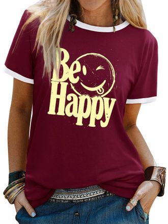 Dresswel Tshirt Damen Be Happy Lächelndes Gesicht Druck T-Shirt Rundhals Kurzarm T Shirts Sommer Oberteile Tee Tops Bluse