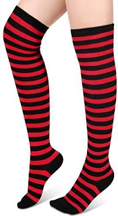 Blulu Chaussettes Hautes Longues Rayées (Noir-Rouge, Fines Rayures)