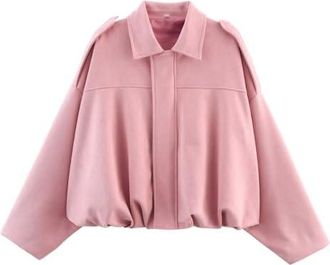 Generic Blouson aviateur surdimensionn&eacute; en daim pour femme - Col &agrave; revers dautomne - Fermeture &eacute;clair - V&ecirc;tement de rue pour moto, Rose, XL