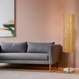 Opviq Elegant Floor Lamp with Metal Body & Bamboo Cap, 140 cm Height, 30 cm Diameter, Oak & Gold Finish | E27 Socket, On-Off Switch, Stylish Lighting for Ho