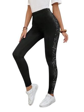 SOLY HUX Legging &eacute;l&eacute;gant pour femme - Avec paillettes - &Eacute;lastique - Taille haute - Pantalon de loisirs - Bloc de couleurs - Tenue de f&ecirc;te, Noir, L