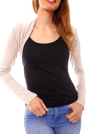 Easy Young Fashion Bol&eacute;ro en jersey pour femme - Veste &agrave; manches longues - Cardigan court ouvert 2008 - Taille unique (34-38), beige, Einheitsgr&ouml;&szlig;e Tall