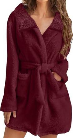 Generic Robe de chambre légère et moelleuse pour femme - Col châle court - Polaire - Peignoir en tissu éponge - Vêtement de nuit chaud pour lhiver - Vêtement 