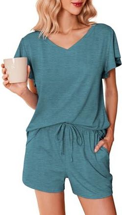 Ekouaer Pyjama Femme Court Pyjama Set DéTé Femme Manches Courtes Ensembles de Pyjama Femme Vêtements de Nuit Femme 2 Pièces,Bleu Vert L