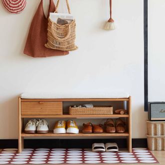 Generic Schuhbank Aus Holz, Eingangsbank Mit Aufbewahrungsschublade Und Sitzkissen Aus Leinen, Farmhouse-Boho-Schuhregalbank Mit Regal for Flur Und Schlafzimm