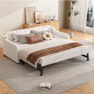 Myboo Schlafsofa Tagesbett 90x200, Bett mit ausziehbares Rollbett&USB-Anschluss, Modern Jugendbett Bettgestell Familienbett G&auml;stebett Einzelbett Sofabett Be