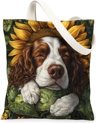 Generic Sac fourre-tout en toile motif &eacute;pagneul printanier printanier 33 x 38,1 cm, sac d&eacute;picerie r&eacute;utilisable pour femme, peinture esth&eacute;tique, d&eacute;coration cad