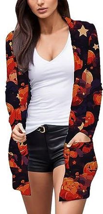 Generic Vestes pour femmes automne Halloween cardigan squelette citrouille imprim&eacute; manteau d&eacute;contract&eacute; mi-long f&ecirc;te mince veste avec poche 2026, Rouge, XXL