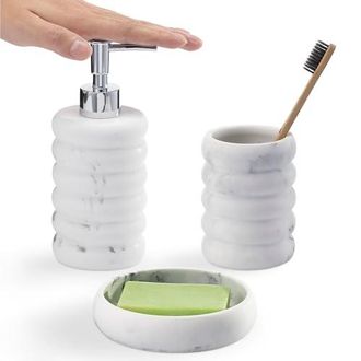 Navaris Set Accessoires Salle de Bain - 3X Accessoire pour Salle de Bain en polyrésine avec Porte-Brosse à dent Distributeur de Savon et Porte-Savon Aspect ma
