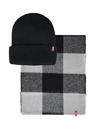 Levi's Ensemble bonnet gaufr&eacute; et &eacute;charpe &agrave; carreaux pour homme, noir, taille unique