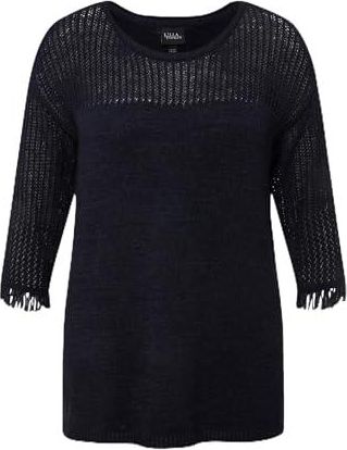 Ulla Popken Femme Grandes Tailles Pull à col Rond et Franges, Manches 3/4 et Transparence Marine 50+ 817489770-50+