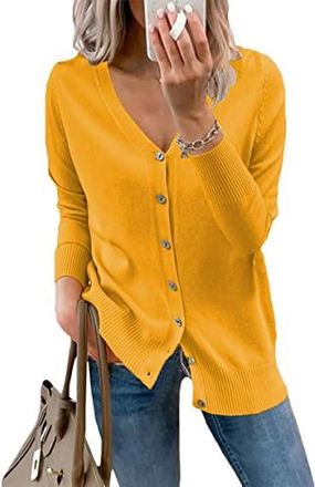 Minetom Femmes Cardigan Pull Manteau Manches Longues Tricoté Sweaters Gilet Casual Veste en Tricot avec Boutons Jaune XL