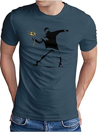 OM3 T-shirt Banksy Flower Thrower | Homme | Urban Street II Art Peace Graffiti Punk Indie Social Critique Swag | S &agrave; 4XL, denim, L