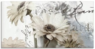 Artland ARTland Wanddeko Glasbilder Wandbild Glas Bild einteilig 100x50 cm Querformat Blumen Blüten Gerberas Schriftzug Shabby Chic T4RU
