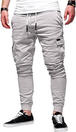 ORANDESIGNE Pantalons Mode pour Hommes Pantalons de Jogging Travailler à lextérieur Pantalon Cargo Multi-Poches Couleur Unie avec Survêtement Fuselé A Gris Clair 