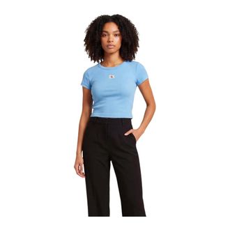 Calvin Klein Jeans Femme, Tops, Bleu, Taille: 36 FR Short Sleeve Round Neck T-shirt