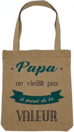 Fabulous Sac Shopping Tote Bag Aspect Lin - Papa ne Vieillit Pas Il Prend de la Valeur Bleu - Sac de Courses Toile Epaisse 360g Beige Naturel Cabas Port&eacute; Epaul