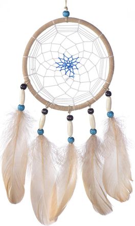 DonDon Traumfänger für Gute Träume mit Perlen und echten Federn Hellbraun Ø 14 cm