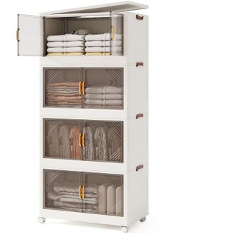 Costway 4 Bacs de Rangement Pliables avec Couvercle de 284 l, Conteneurs de Rangement Empilables &agrave; 4 Niveaux avec Roues et Portes, 65 x 39 x 142 cm
