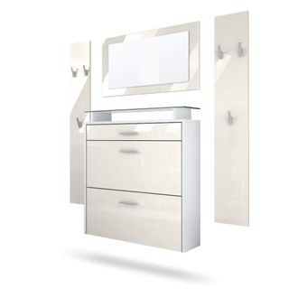 Vladon Garderobe Malea, Garderobenset bestehend aus 1 Hängeschuhschrank, 1 Wandspiegel und 2 Garderobenpaneele, Weiß matt/Creme Hochglanz