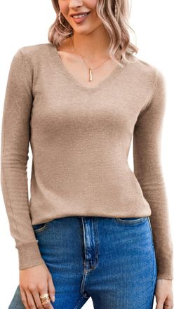 Zeagoo Damen Pullover V-Ausschnitt Strickpullover Stretch Wärmer Winter Strickpulli Basic Herbst Lightweight Sweatshirt Khaki M