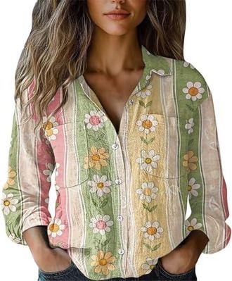 Generico Chemise Femme Curvy Manches Longues T Shirt Coton Et Lin Simple Grande Taille Chemisier Col en V Mode Blouse Vintage Fantaisie avec Boutons L&eacute;ger Chem