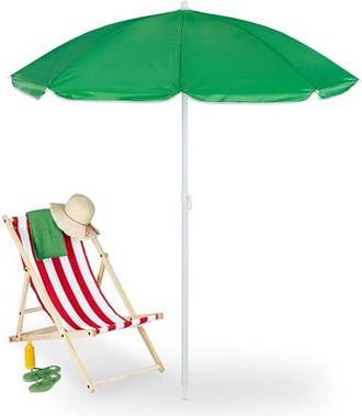 Relaxdays Sonnenschirm, &Oslash; 160 cm, knickbar, h&ouml;henverstellbar, UV-Schutz, Strandschirm mit Tasche, Strand & Balkon, gr&uuml;n