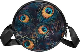 Generic Sac &agrave; bandouli&egrave;re rond rond pour femme, motif plumes de paon, avec fermeture &eacute;clair, bretelles r&eacute;glables, style d&eacute;contract&eacute;