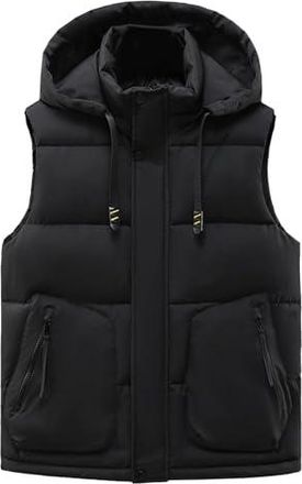 Generic Gilet matelass&eacute; sans manches pour homme, veste l&eacute;g&egrave;re et d&eacute;contract&eacute;e &agrave; capuche amovible, chaude et rembourr&eacute;e, noire, taille L