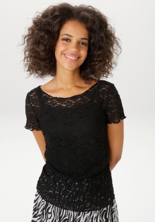 Aniston T-Shirt ANISTON CASUAL, Damen, Gr. 34, schwarz, Spitze, Obermaterial: 99% Polyamid, 1% Elasthan, Strukturmuster, unifarben, sehr figurbetont h&uuml;ftlang,