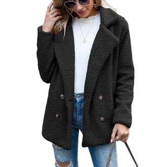 Generic Veste polaire pour femme, vestes dhiver chaudes en sherpa tendance, revers boutonn&eacute;, polaire pelucheuse, grande taille, manteaux dext&eacute;rieur, Noir, XXL