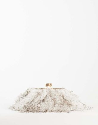 Glamorous Clutch mit Kiss-Lock-Verschluss in Wollwei&szlig;-Braun
