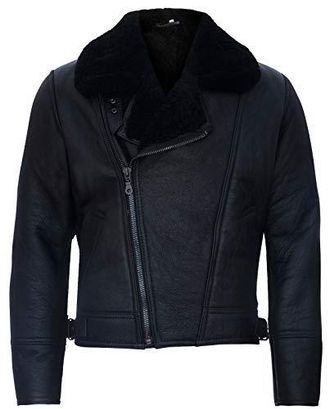 Infinity Leather Veste en Cuir Noir en Peau de Mouton Aviateur Crois&eacute; Zipp&eacute; pour Hommes M