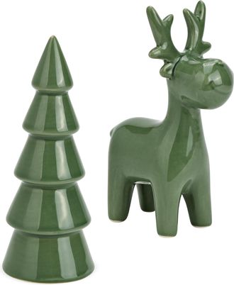 Matches 21 Keramik Winter Dekofiguren Set Tannenbaum & Rentier grün - Weihnachtsdeko groß für Innen im Scandi-Stil