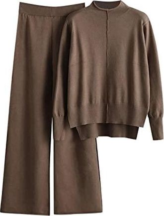 Generic Combinaison En Tricot Pour Femme Manche Longue 2 Pièces Ensemble De Salon Automne Hiver Chaud Ensemble Chemise Pantalon Décontracté Chic Et Elegant Fe