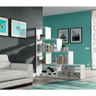 Dmora Bibliothèque Dmorr, Bibliothèque double face avec 6 étagères, Étagère de séparation avec compartiments de bureau, 145x29h145 cm, Blanc brillant