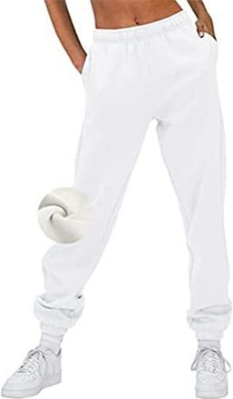 ORANDESIGNE Femme Pantalon de Sport en Polaire Pantalons de D&eacute;contract&eacute;s Slim Casual Pants Loisirs Pantalon de Jogging avec Poches Sweatpants Hiver A Blanc XS
