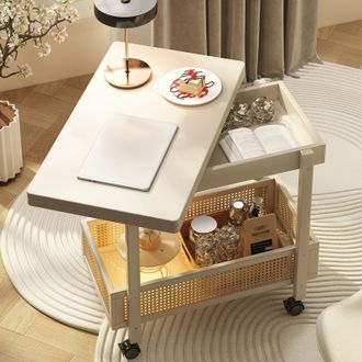 Generic Schmaler Beistelltisch, Couchtisch Mit Gewebter Kunststoffumrandung Aus Rattan, Verstellbare Schreibtischgr&ouml;&szlig;E for Aufbewahrung, B&uuml;Ro, Nachmittagstee