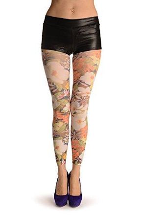 Liss Kiss Magnolia & Echinacea Flowers Footless - Multicolore Collants Sans Pied (Leggings) Taille Unique (34-40)