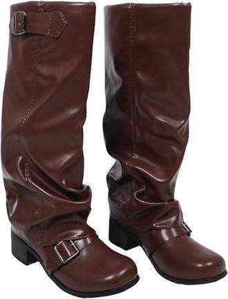Beaupretty Bottes Western Hautes pour Femmes en PU Marron Clair Style Cowgirl R&eacute;tro -Mollet Large Mollet Semelle &Eacute;paisse Antid&eacute;rapante pour Danse Country et Sort