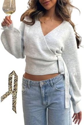 Generic Pull en tricot &agrave; col en V crois&eacute; pour femme avec noeud irr&eacute;gulier, manches longues nou&eacute;es sur le c&ocirc;t&eacute;, haut court tendance en tricot, gris, XL