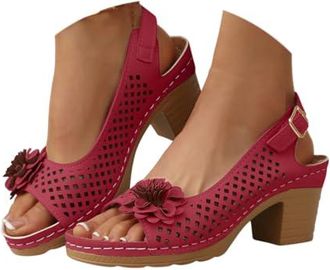 Onsoyours Sandales Femme été Chaussures À Talons Boho Sandales Confortable Bout Ouvert De Plage avec Talon Bloc A Rouge 38 EU