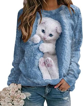 ORANDESIGNE Femme Sweatshirts Imprimé Chat Pullover Sweatshirt Top Manches Longues Col Rond T-Shirt Léger Casual Sweat-Shirt Imprimé Animal Grande Taille Sweat sa